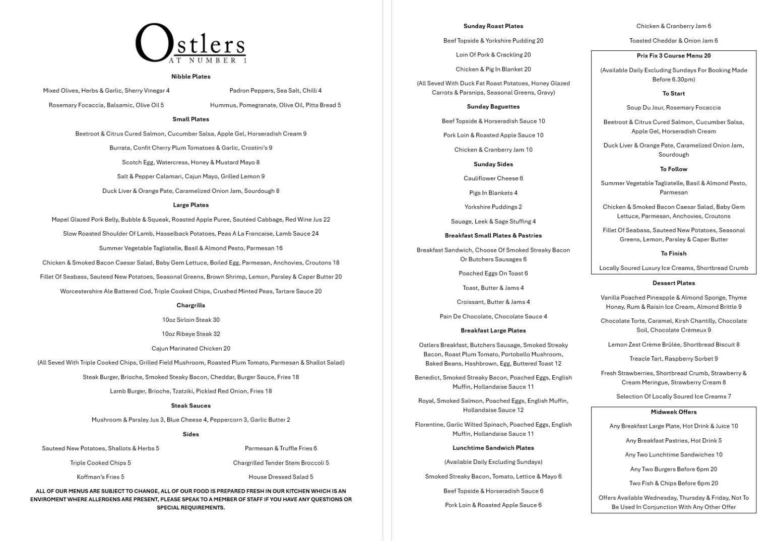 Our Menus – Ostlers Number 1